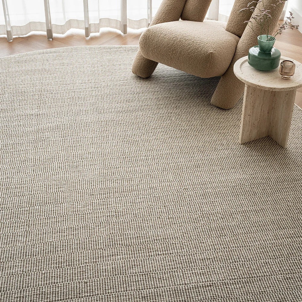 Treva Stone - Narrow Stripes Forming Grid Design Beige Round Rug