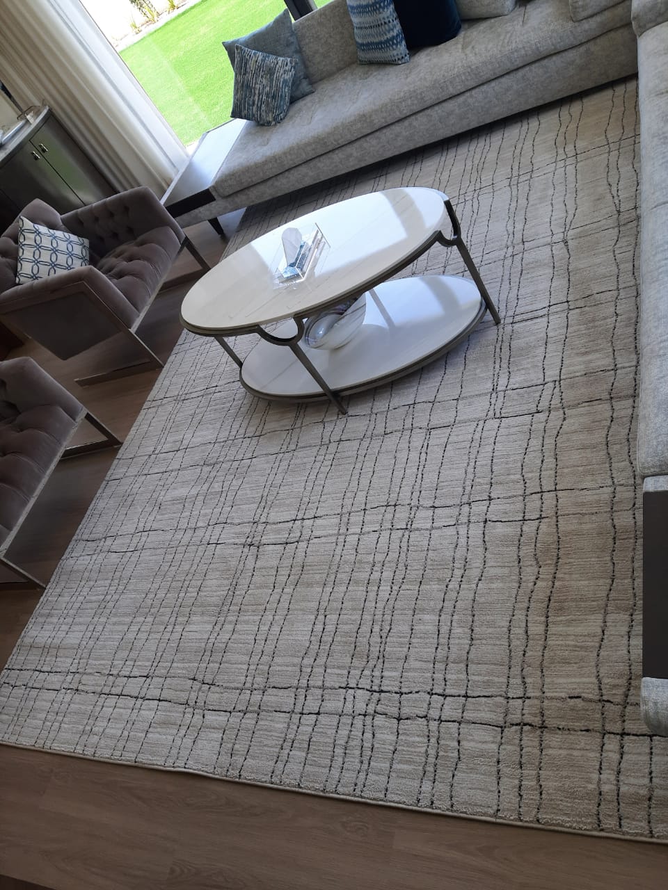 Buy Round Zen Bianca Carpet - Charcoal Grid Pattern | Carpet Centre